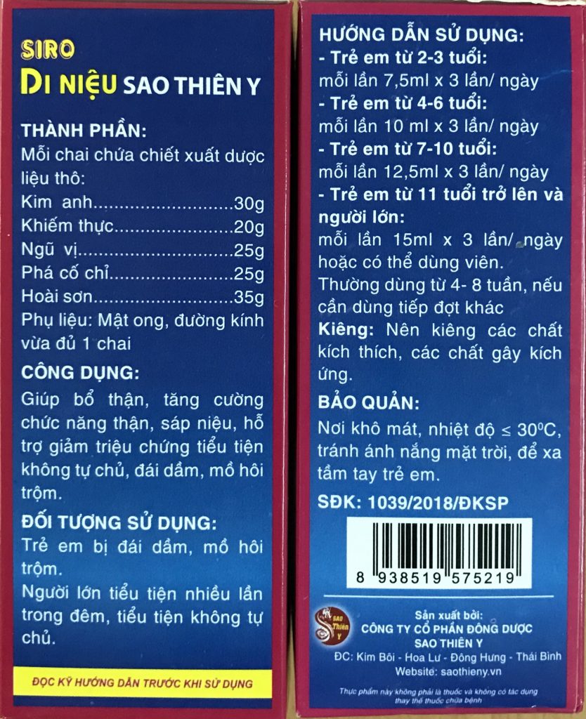 [GIÁ GỐC] Siro Di Niệu Sao Thiên Y bổ thận, giảm đái dầm lọ 125ml